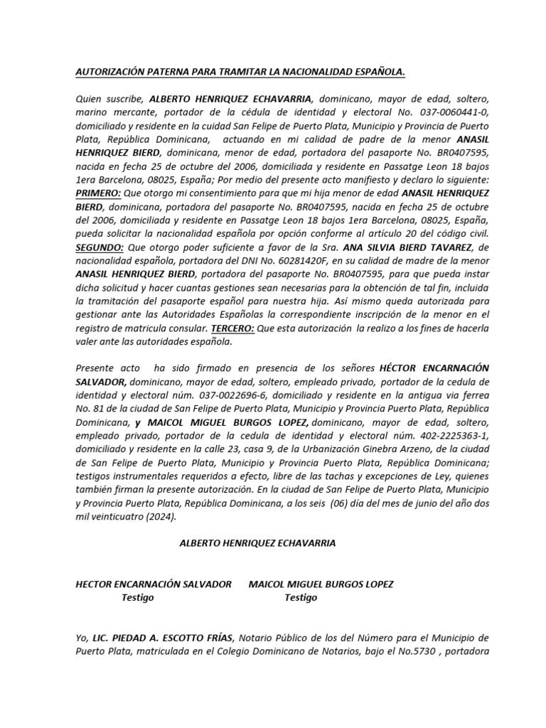 Autorizacion Paterna Para Tramitar Nacionalidad Alberto Henriquez (1) | Descargar gratis PDF ...