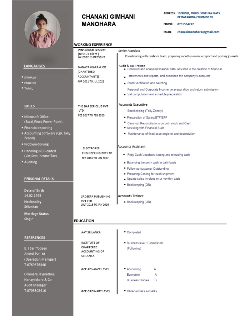 M S C Gimhani CV | PDF | Bookkeeping | Accounting