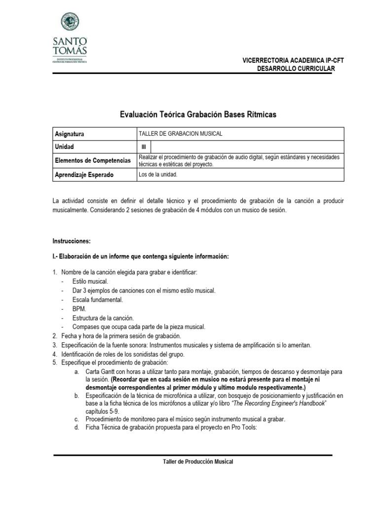 Pauta Informe Grabacion de Bases Ritmicas 2024 | PDF | Producción de sonido | Ingeniería de audio