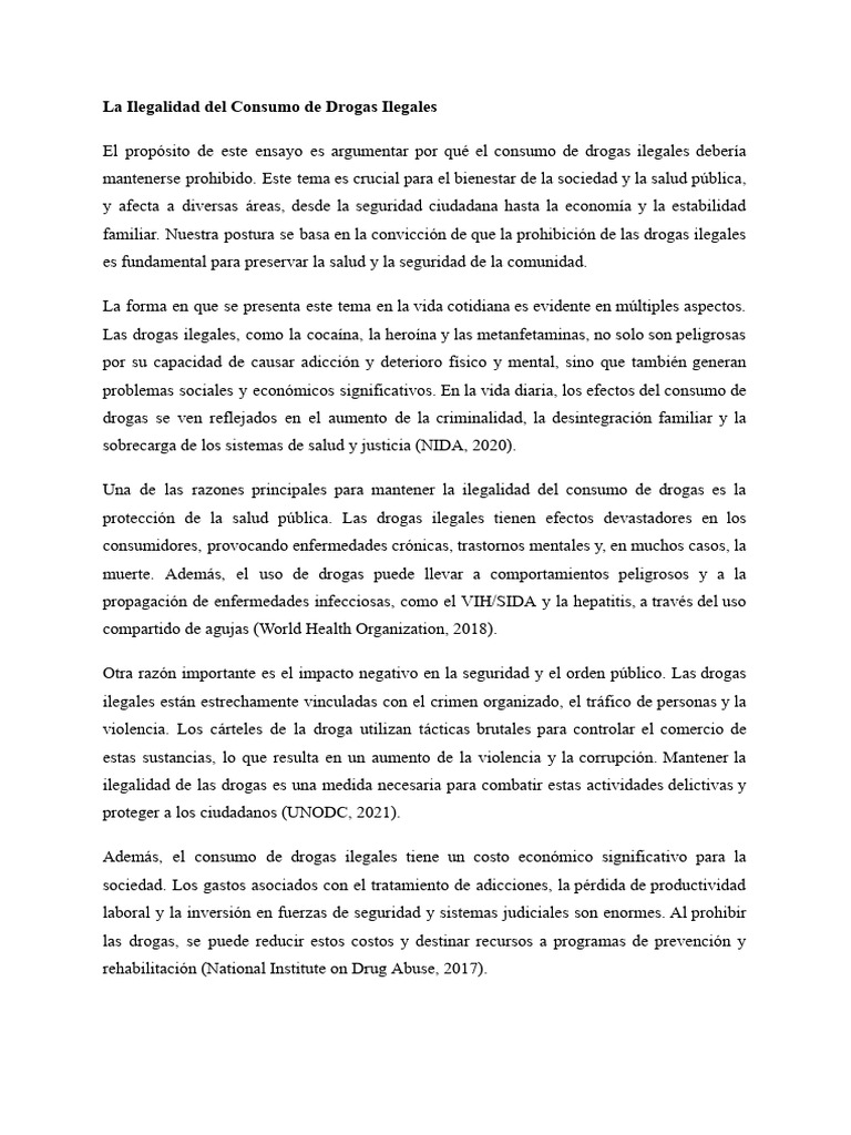 La Ilegalidad Del Consumo de Drogas Ilegales Ensayo | PDF | Drogas | La dependencia de sustancias