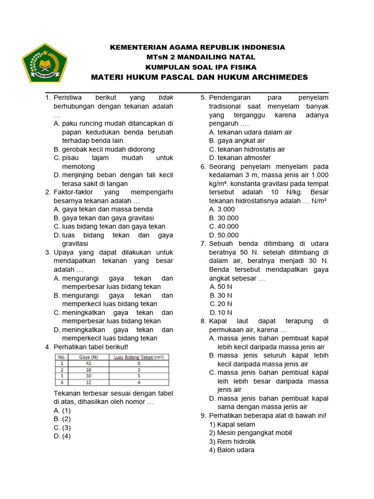 Soal Hukum Pascal Dan Archimedes Kelas 8 | PDF | Ilmu Sosial