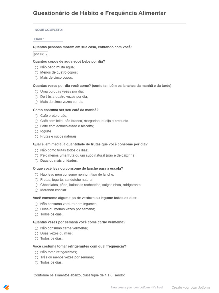 Questionário de Hábito e Frequência Alimentar | PDF