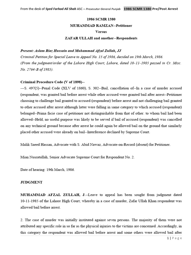 1986 SCMR 1380 Pre or Post Bail Guidlines | PDF | Bail | Separation Of Powers
