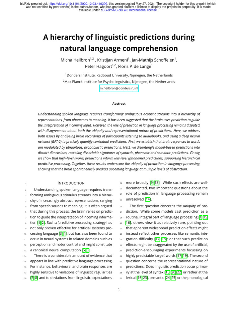 A hierarchy of linguistic predictions during natural language comprehension | Download Free PDF ...