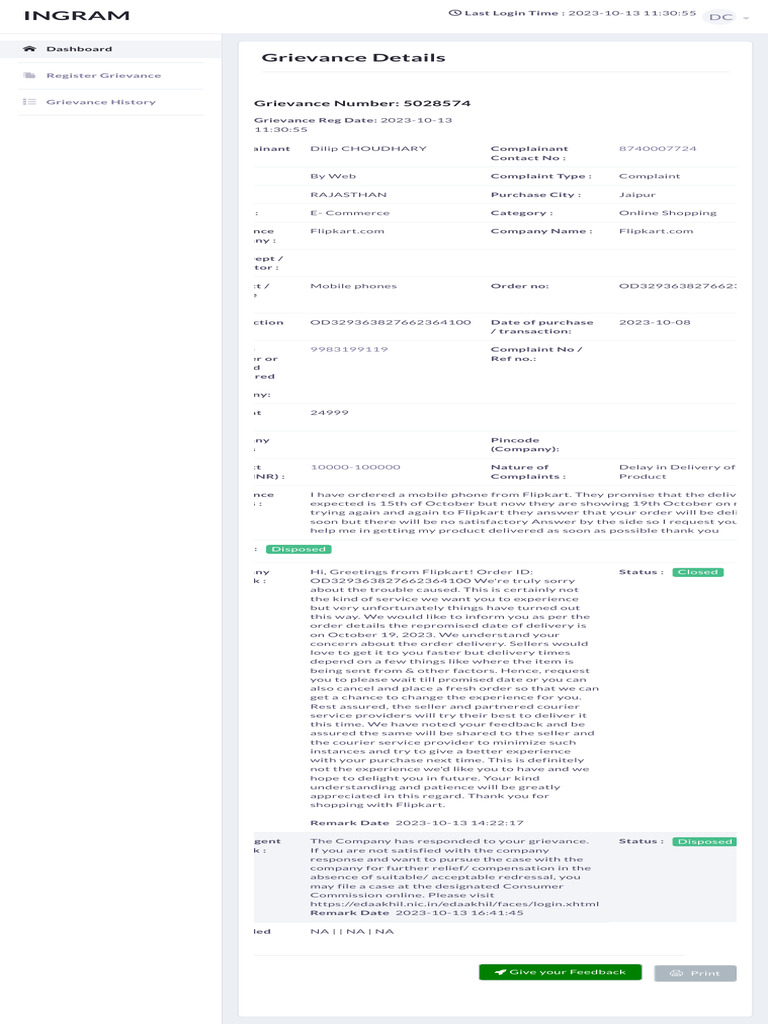 Flipkart Delivery Delay Complaint Details | PDF | Business | Service ...