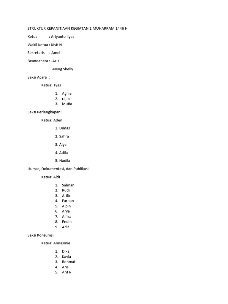 Struktur Kepanitiaan Kegiatan 1 Muharram 1446 H | PDF