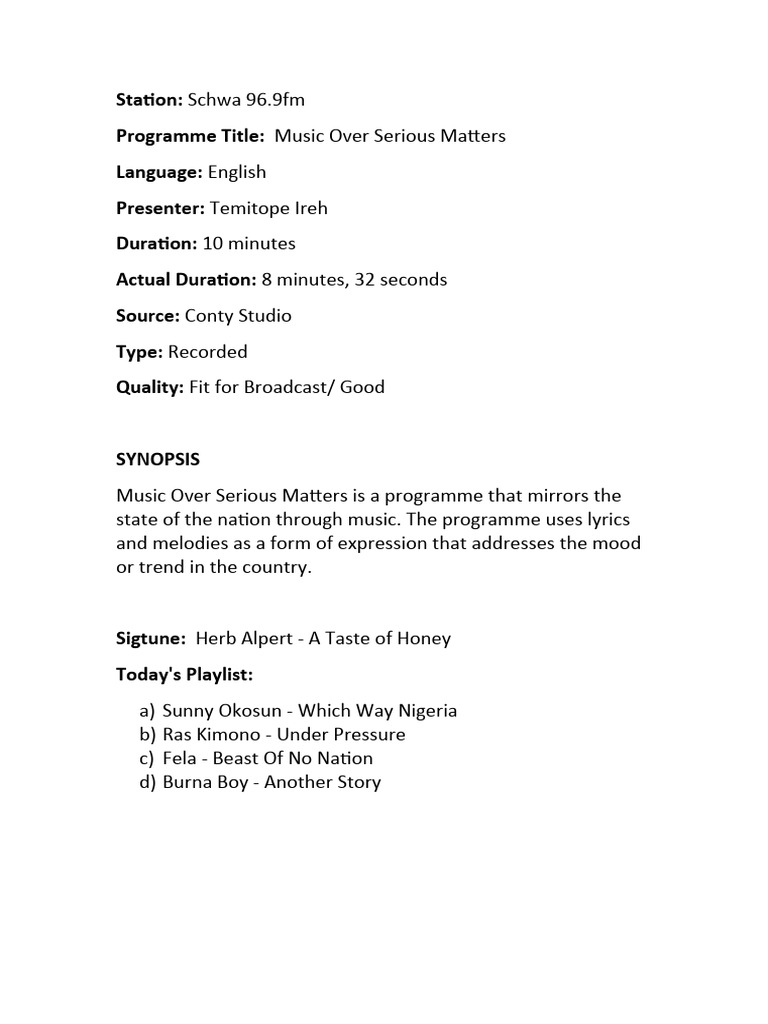 TEMITOPE IREH's Radio Show Script Demo For Beginners | PDF