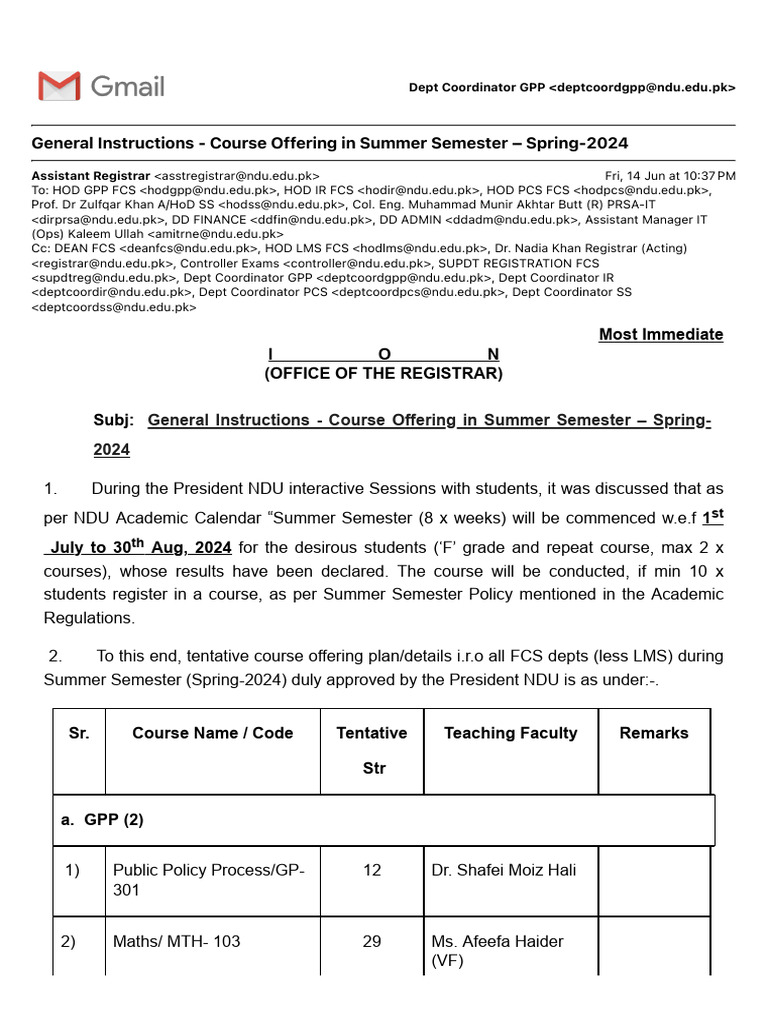 General Instructions - Course Offering in Summer Semester - Spring-2024 ...