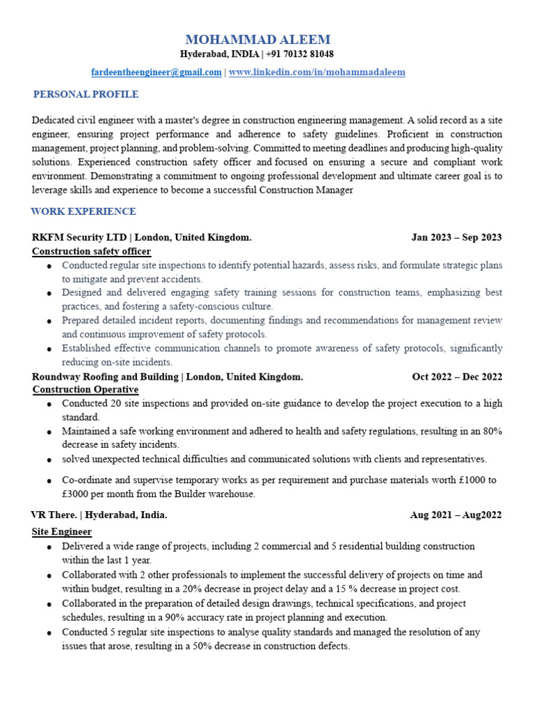 Resume Aleem MD | PDF | Engineering | Safety