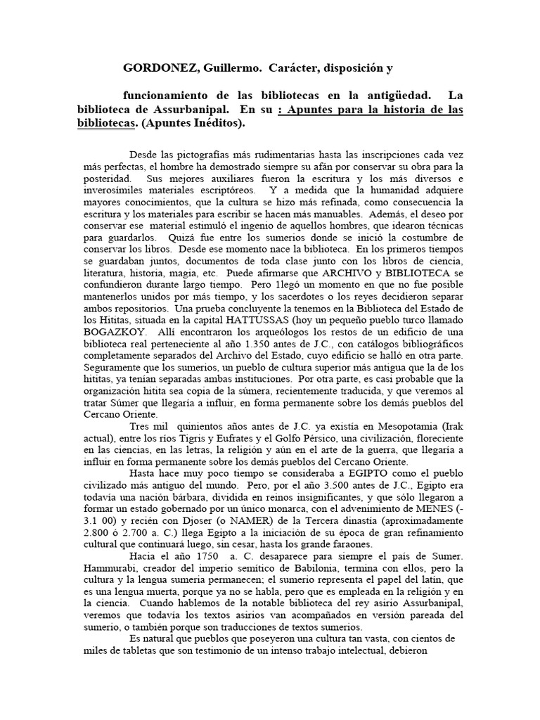 Gordonez Guillermo Caracter Disposicion Y Funcionamiento De Las Bibliotecas En La Antigueedad