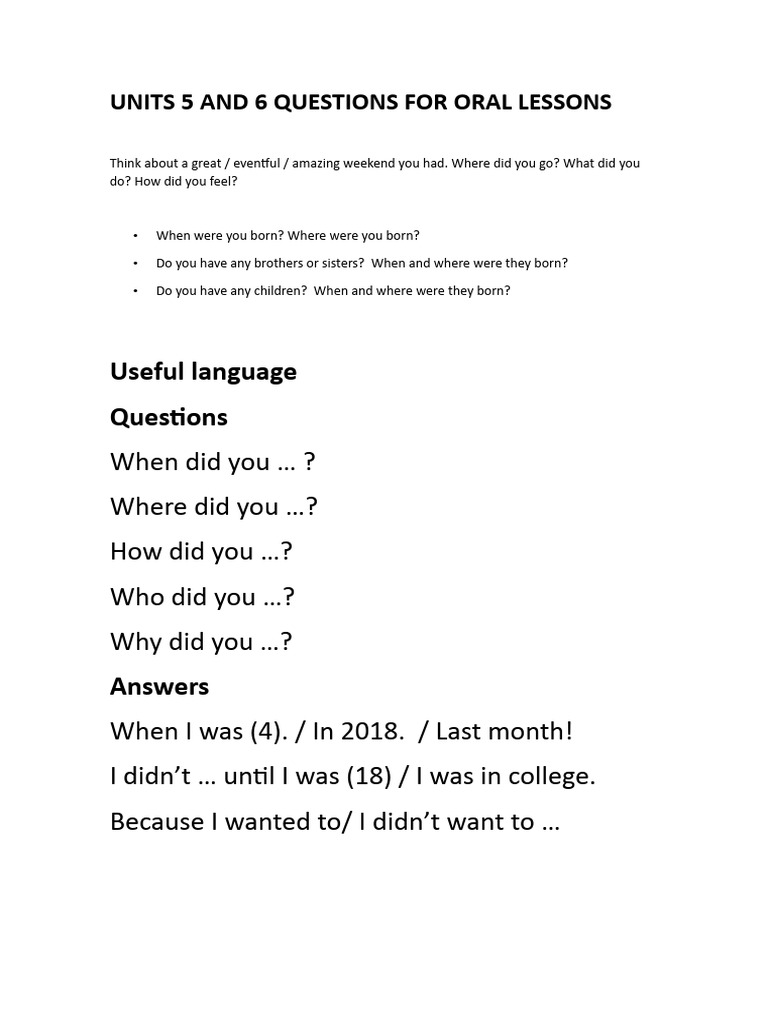 Units 5 and 6 Questions For Oral Lessons | PDF