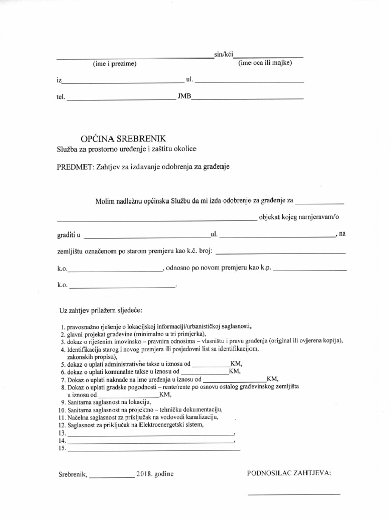 Zahtjev Za Izdavanje Odobrenja Za Gradjenje | PDF