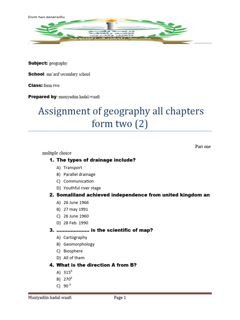 Assignment of Geography All Chapters Form Two Ma'arif | PDF | Earth ...