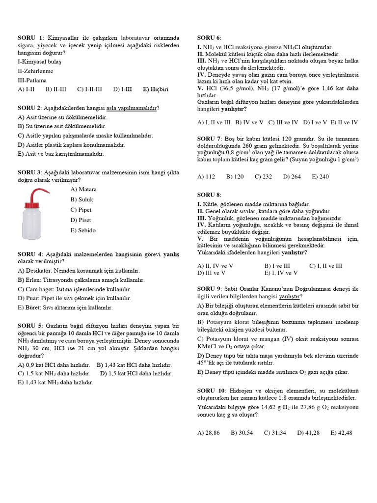 Kimya Lab Final Ornek Sorular | PDF