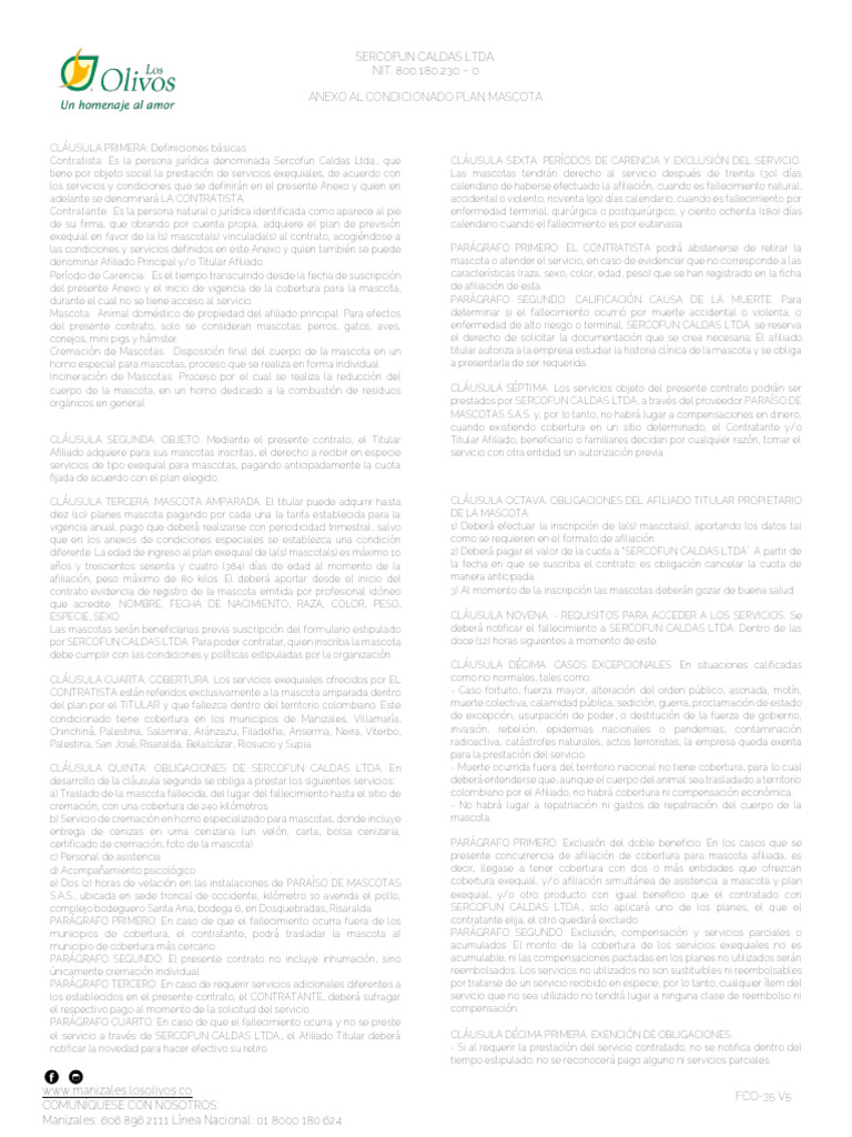 FCO 35 V5 Anexo Clausulas de Plan Mascotas 202404 | PDF | Cremación