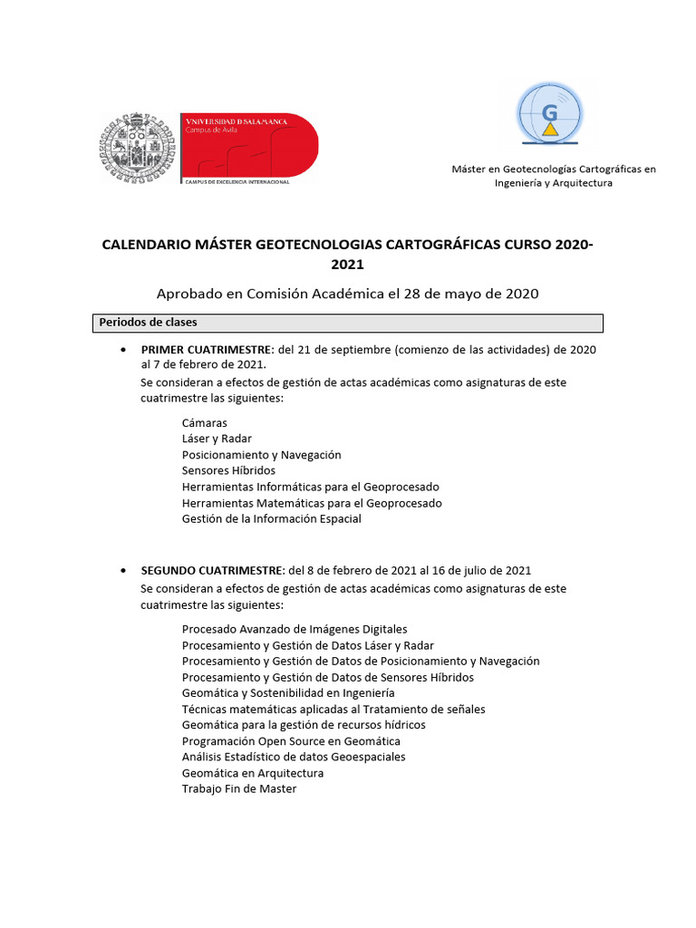 2 Calendario Master Geotecnologias 20-21 para Guia Academica | PDF | Geomática