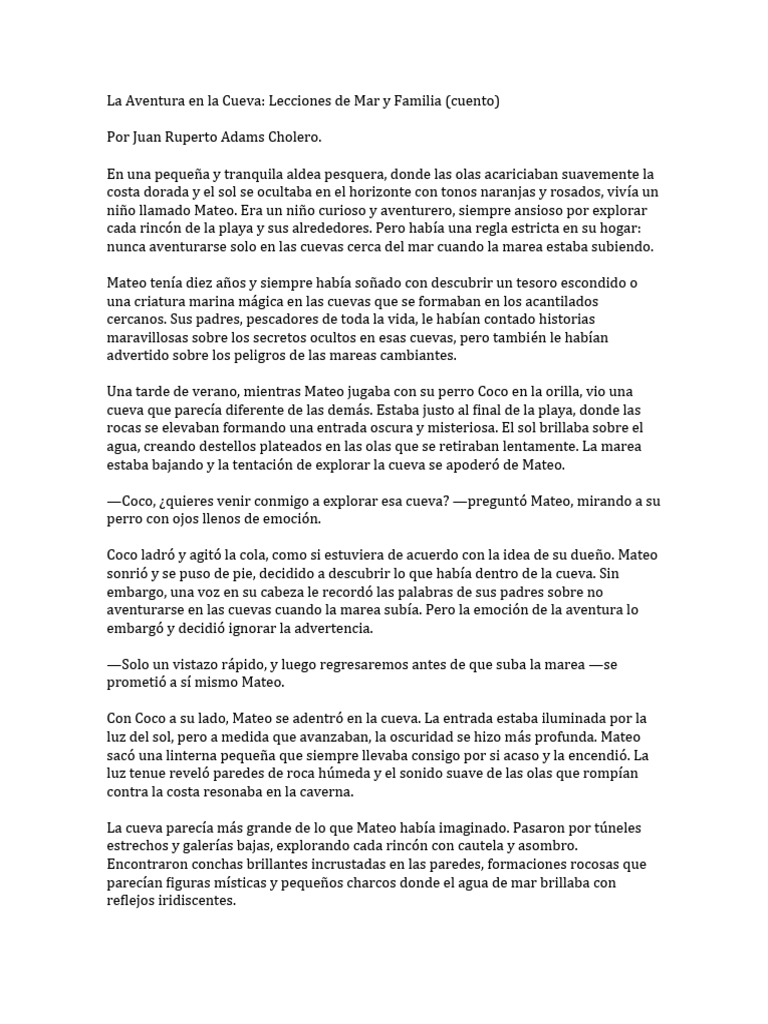 La Aventura en La Cueva - Lecciones de Mar y Familia (Cuento) | PDF