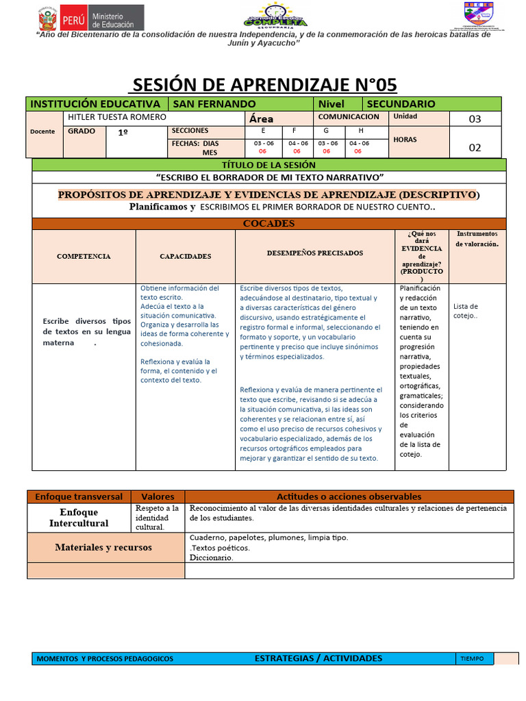SESION DE APRENDIZAJE 05 UNIDAD 03 | PDF | Evaluación | Aprendizaje