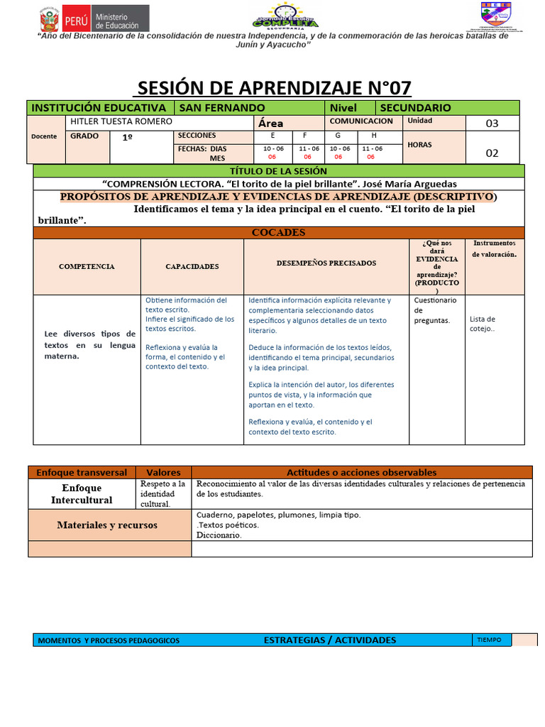 Sesion de Aprendizaje 07 Unidad 03 | Descargar gratis PDF | Aprendizaje | Comprensión lectora