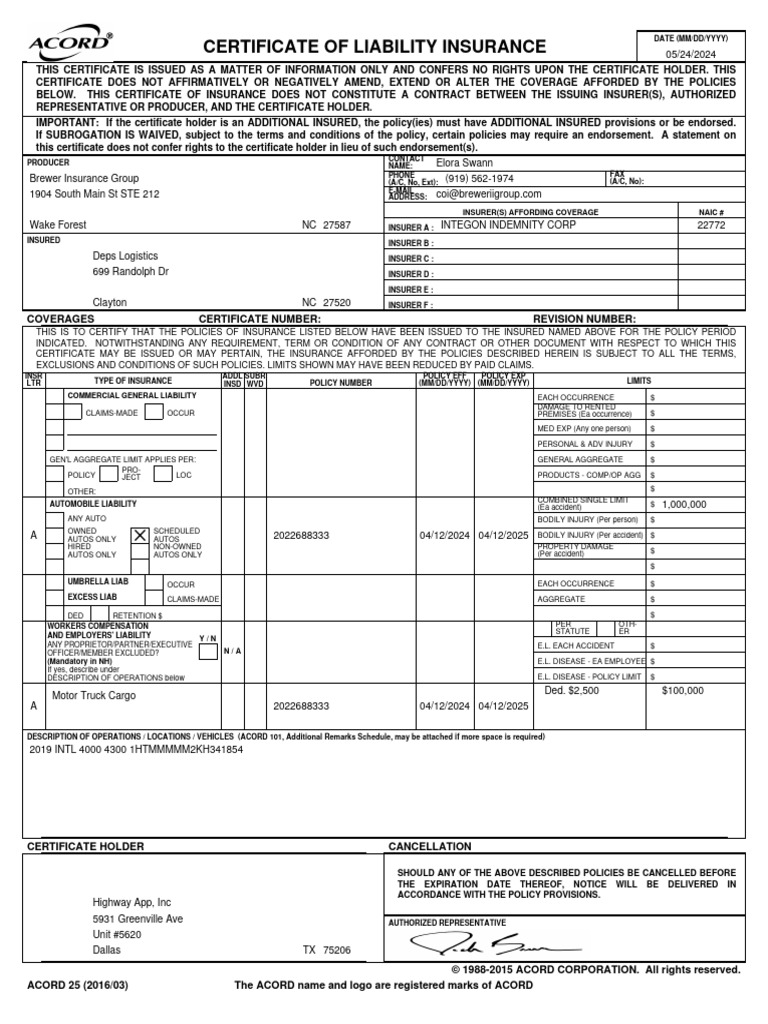 Highway App Inc W - VIN 2024-2025 | PDF | Insurance | Vehicle Insurance