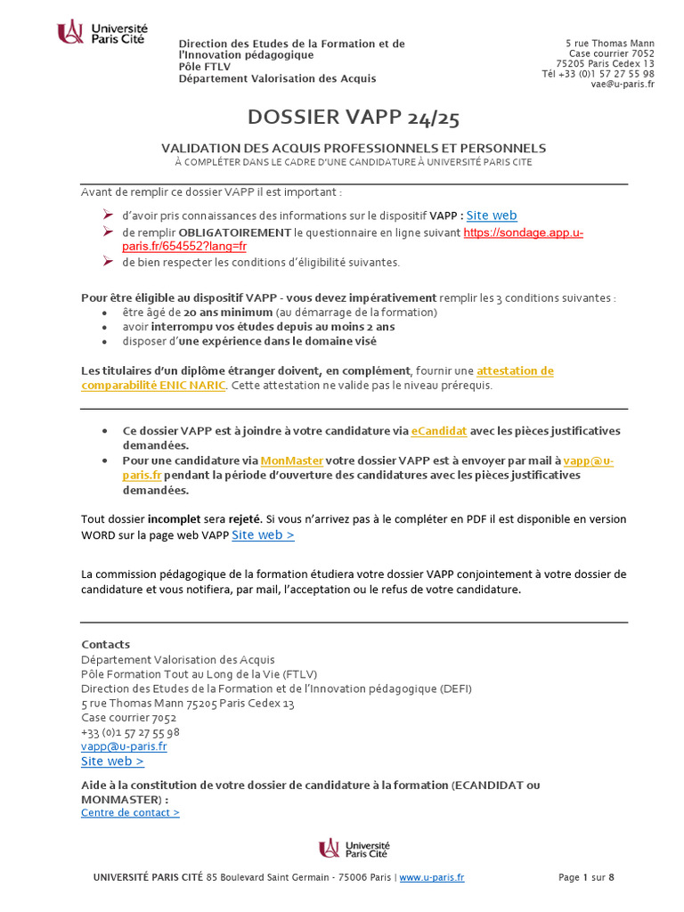 Dossier VAPP 2024-2025 Université Paris Cité | PDF | Paris
