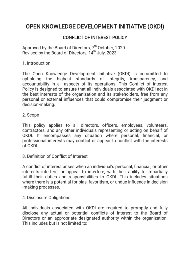 OKDI Conflict of Interest Policy | PDF | Conflict Of Interest | Board ...