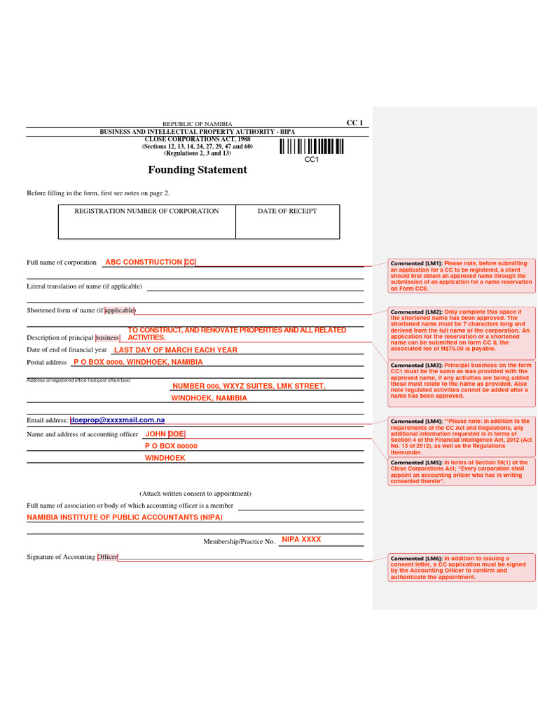 CC1 Application For Registration of A Close Corporation SAMPLE | PDF