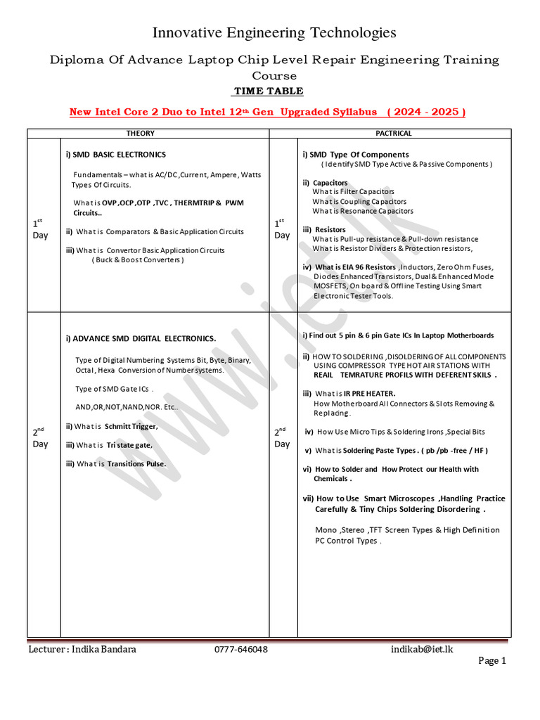 Diploma of Intel 12 Gen Laptop Chiplevel Course New Time Table | PDF ...