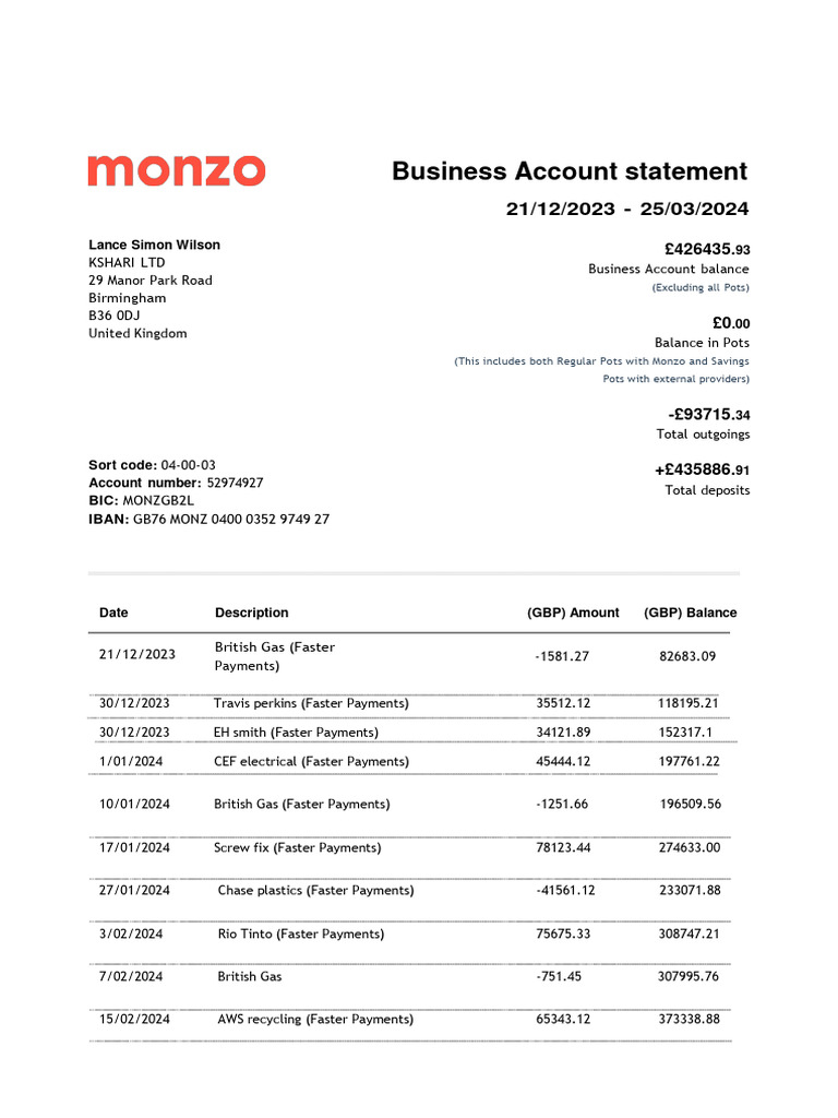 Monzo Business Account Statement 2023 | PDF | Deposit Account | Banking