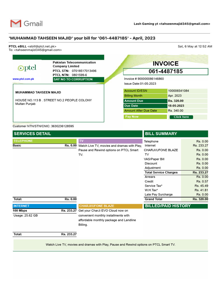 'Muhammad Tahseen Majid' Your Bill for '061-4487185' - April, 2023 | PDF | Payments | Service ...