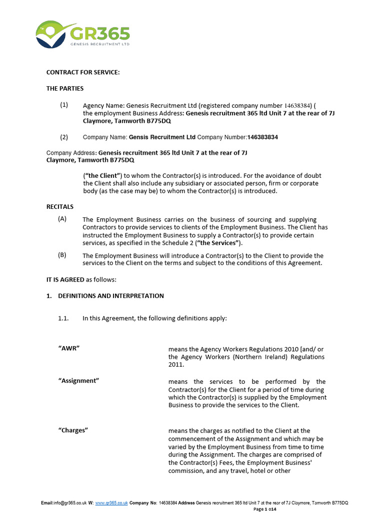 Service Contract with Genesis Recruitment | PDF | Employment | Liquidation