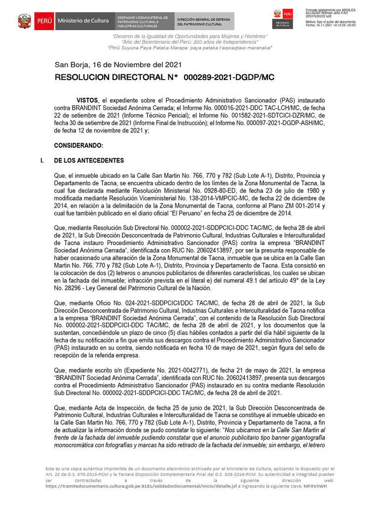 Rdn° 289-2021-Dgdp-Vmpcic-Mc | PDF | Perú | Multa (pena)