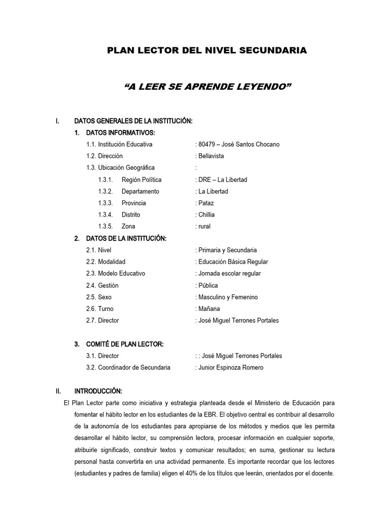 PLAN LECTOR DEL NIVEL SECUNDARIA | Descargar gratis PDF | Comprensión lectora