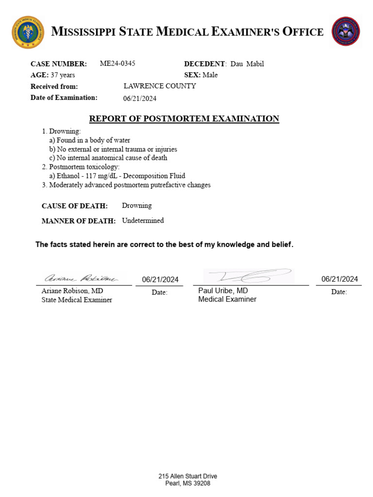 Dau Mabil Postmortem Exam | PDF | Autopsy | Lung
