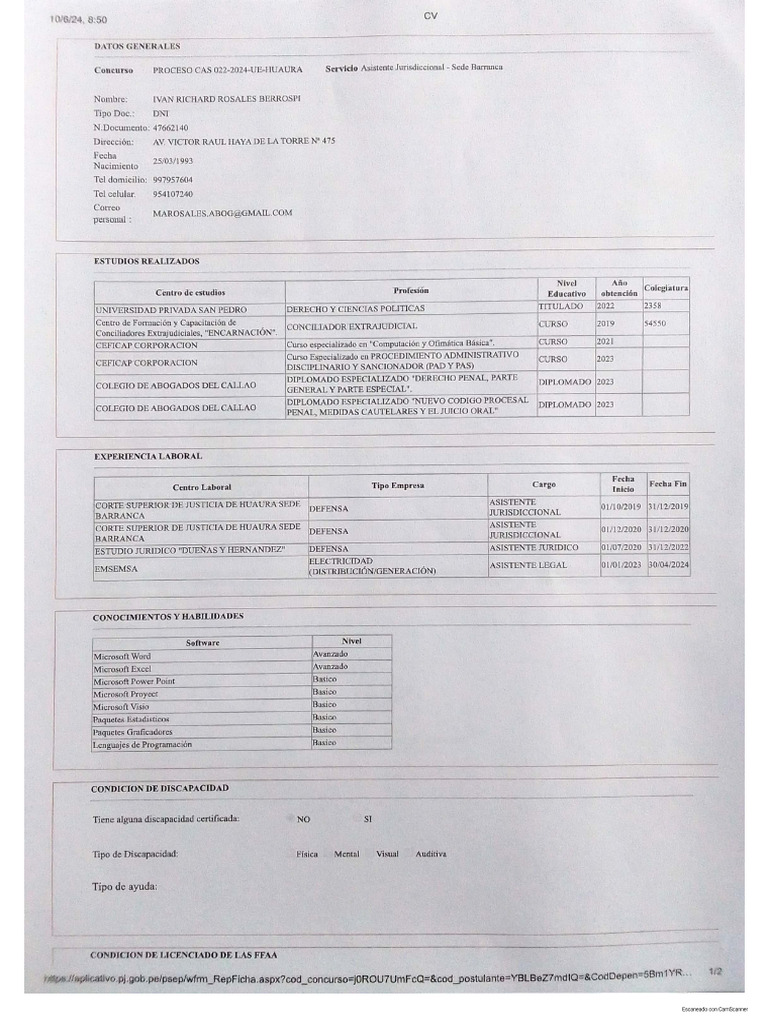 FICHA DE POSTULACION PJ | PDF