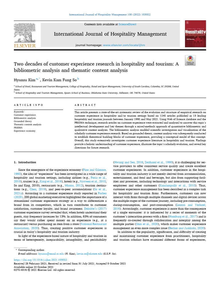 Two Decades of Customer Experience Research in Hospitality and Tourism ...