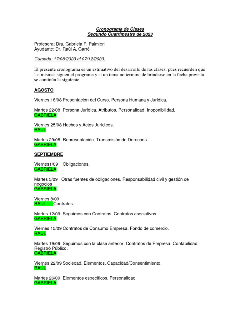 Cronograma Instituciones Del Derecho Privado | PDF | Derecho