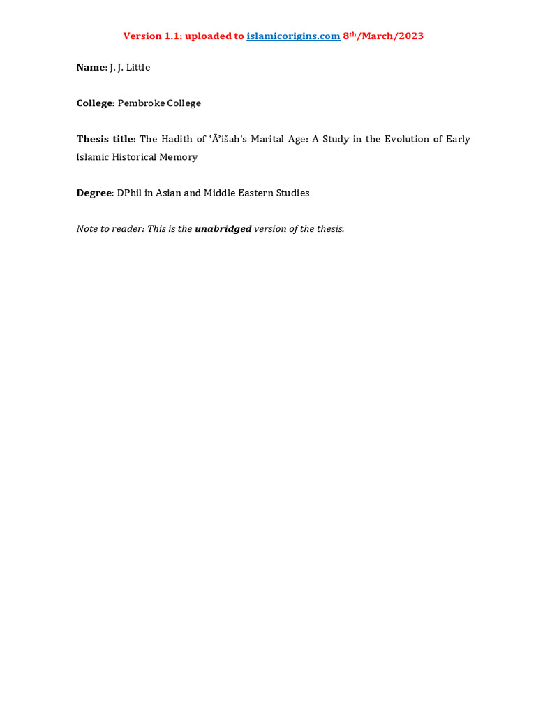 LITTLE The Hadith of Aishahs Marital Age | PDF | Hadith | Muhammad