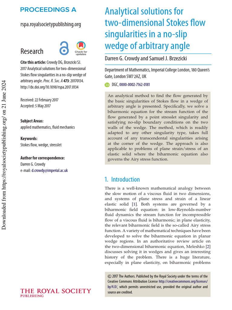 Crowdy Et Al 2017 Analytical Solutions For Two Dimensional Stokes Flow Singularities in A No ...