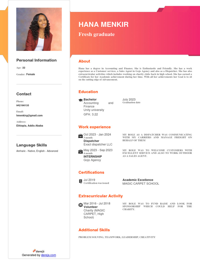 Hana Menkir: Fresh Graduate | PDF