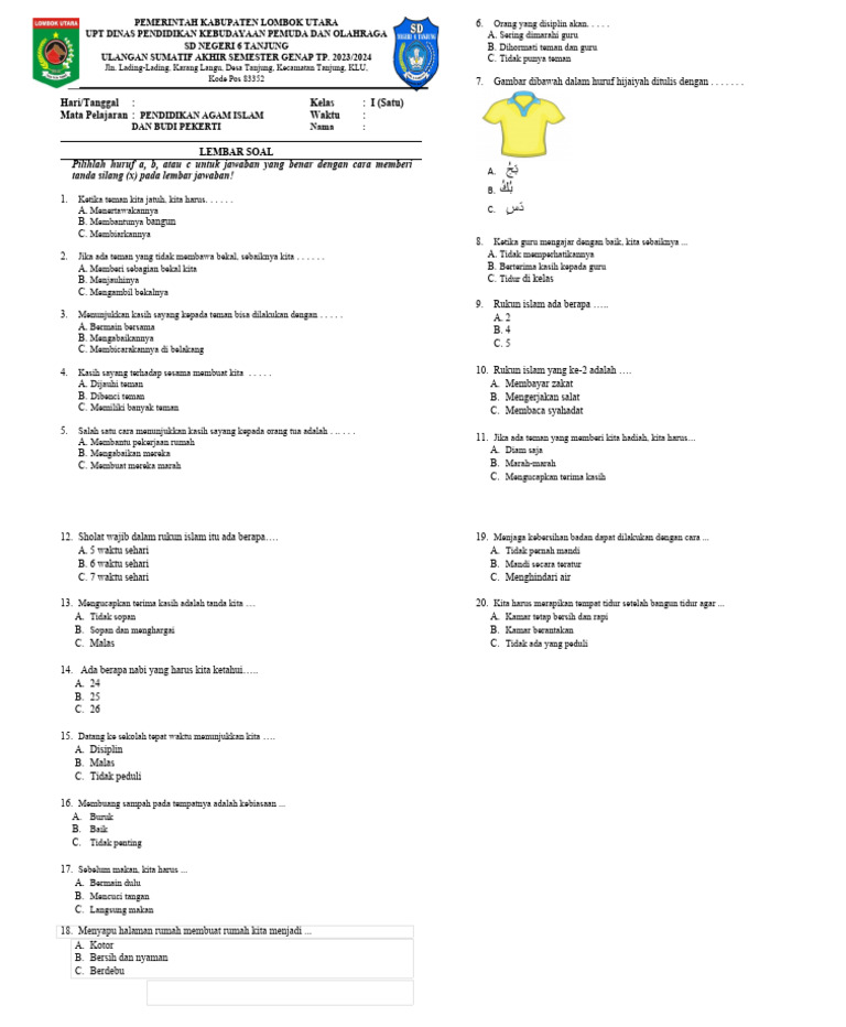 SOAL SAS PAI Kls 1 | PDF