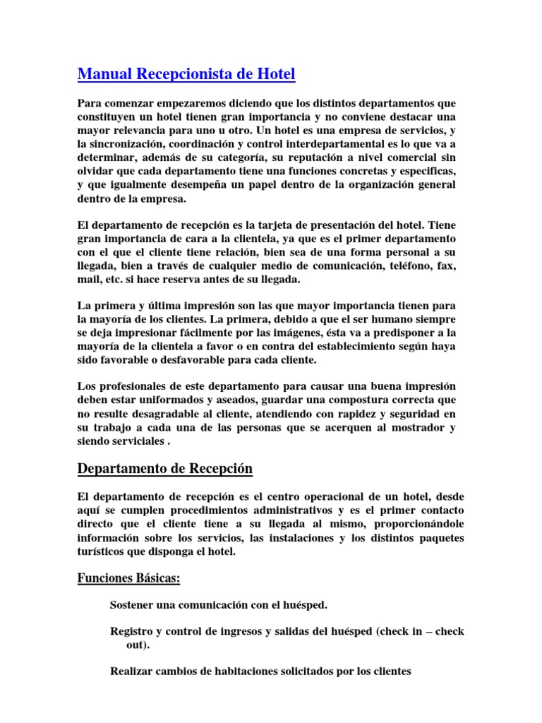 Manual Recepcionista de Hotel | PDF | Hotel | Hotel y alojamiento
