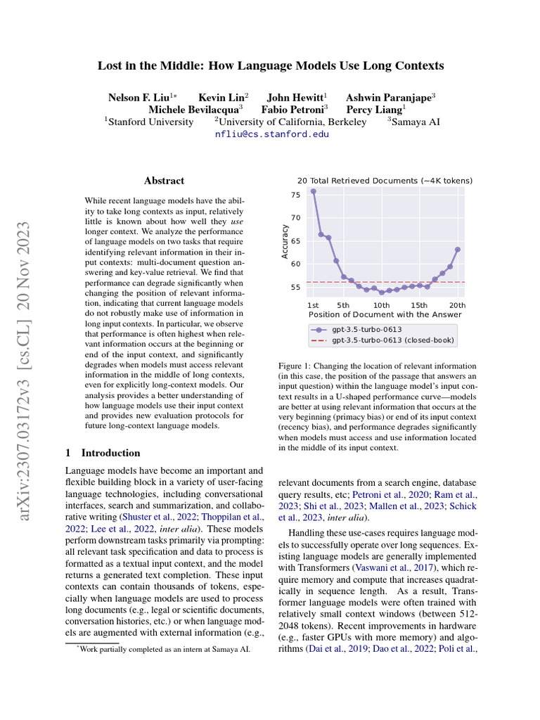 2307.03172v3 Lost in the Middle | PDF | Information Science | Computing
