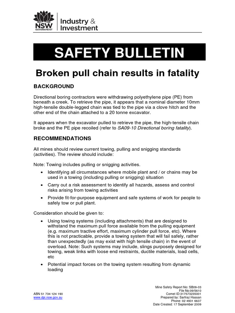sb09 03 Broken Pull Chain Results in Fatality | PDF | Safety
