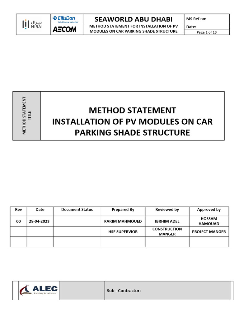 Method Statement Installation of PV Modules On Car Parking Shade ...