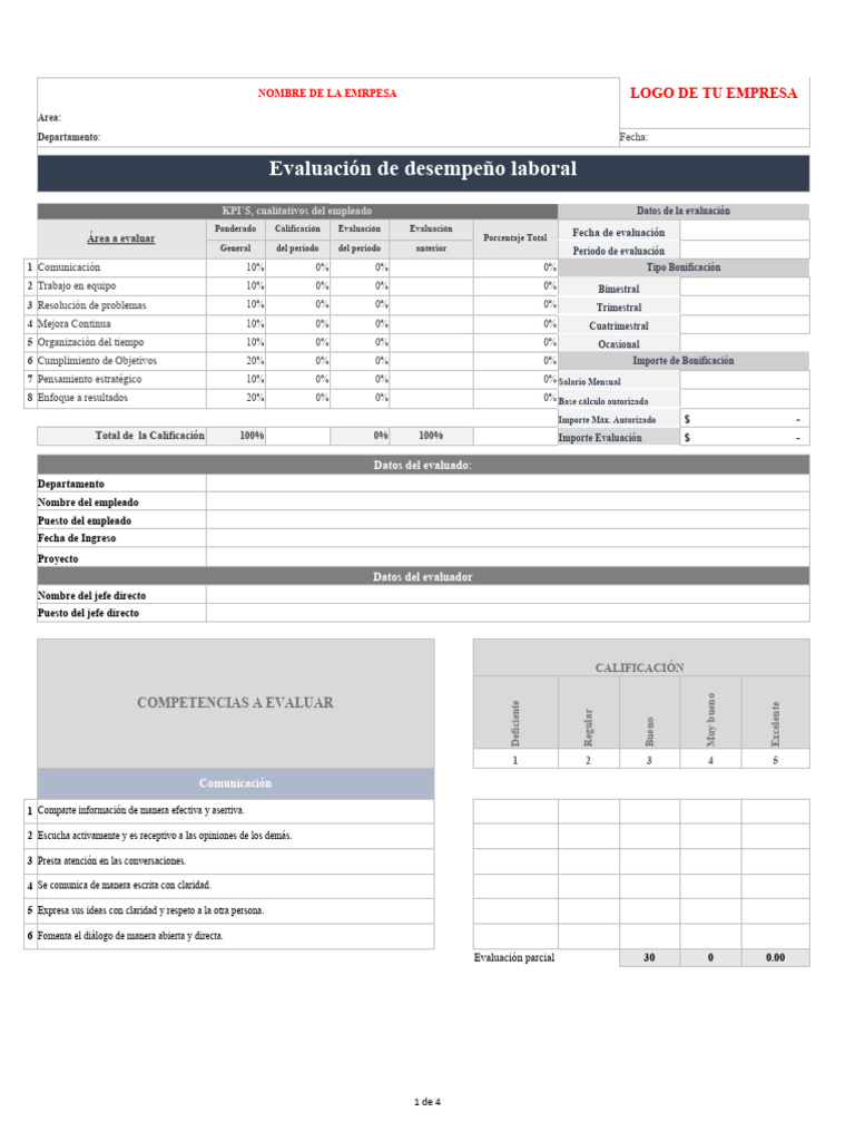 Formato Evaluacion de Desempeño | PDF | Evaluación | Business