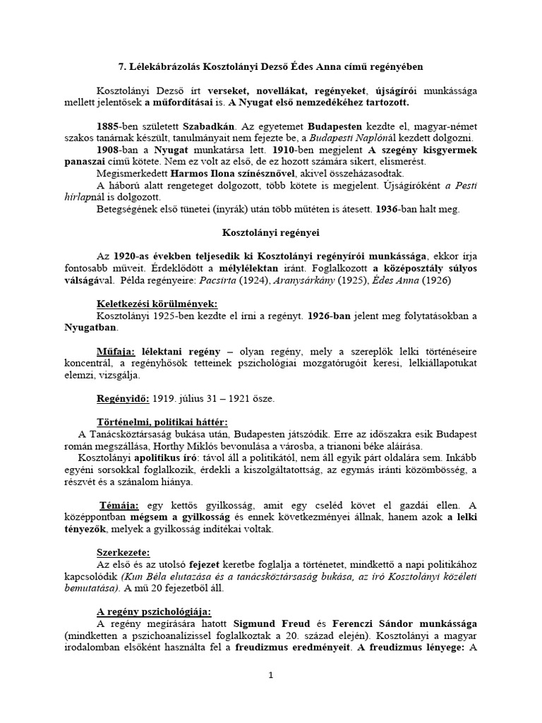 Lélekábrázolás Kosztolányi Dezső Édes Anna Című Regényében | PDF