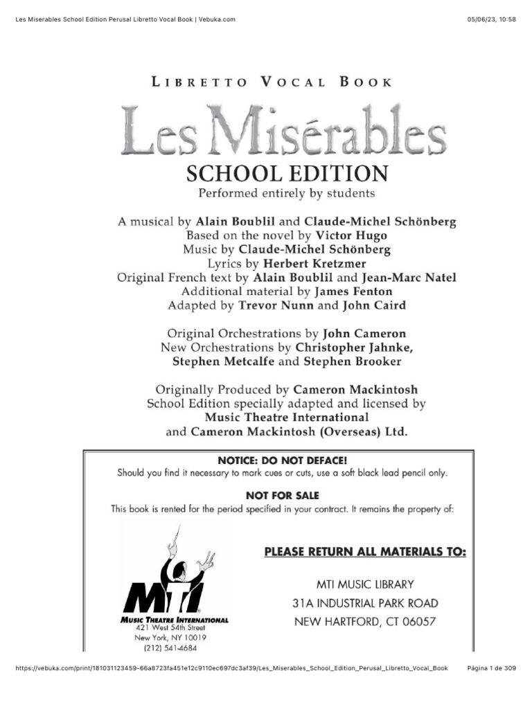 Les Miserables School Edition Perusal Libretto Vocal Book Vebuka | PDF | Les Misérables | Cosette