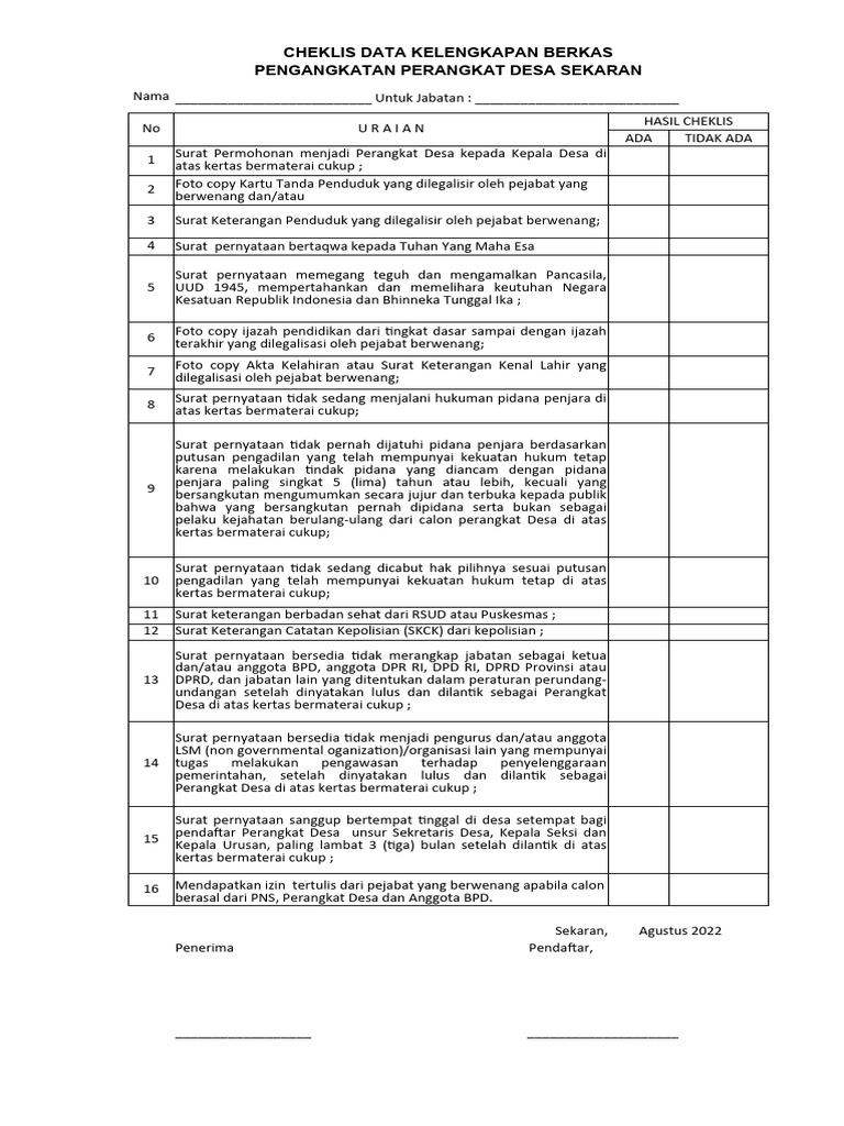 Cheklist Berkas Pengangkatan Perangkat Desa | PDF | Hukum