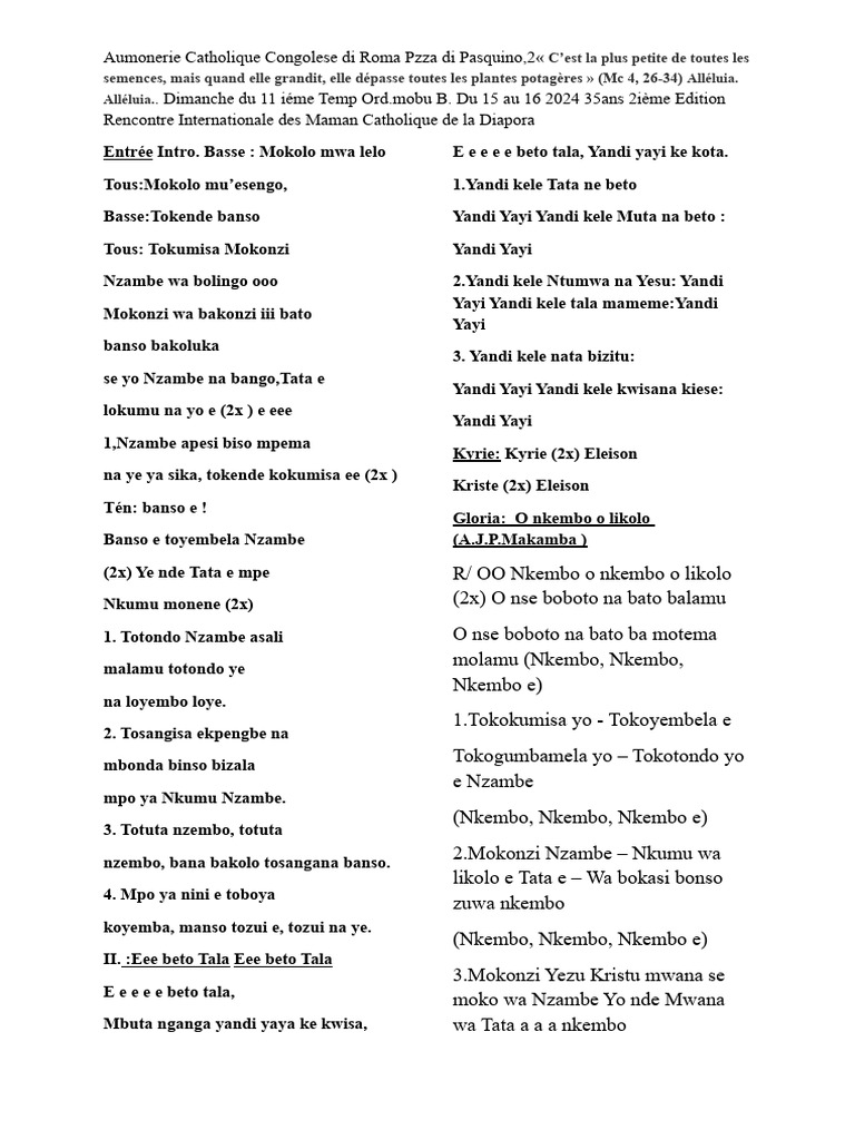 Programme Cardinale Malula Hymme Maman Catholique | PDF